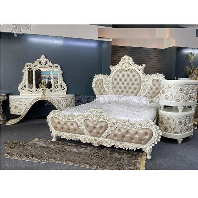 Luxurious King Size Victorian Bedroom Furniture Traditional Hand Carved Master Bedroom Furniture Set Teak Wooden White Finish BestSuppliers