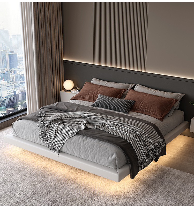 Upholstered No Headboard Floating Bed Synthetic Leather Hotel Bed Base Double Bed Frame King Queen Size