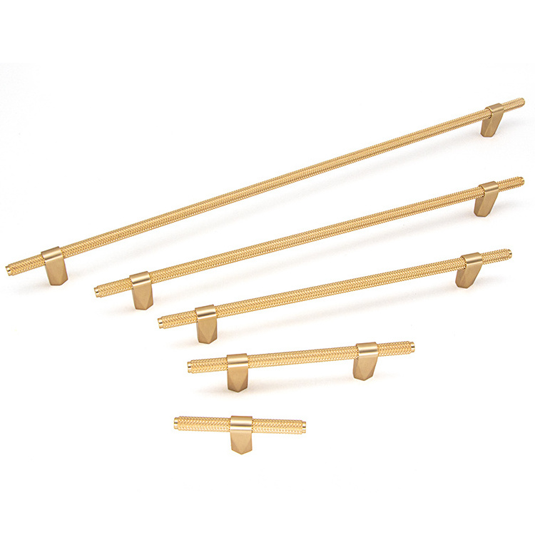 Brushed Gold T Bar Kitchen Cabinet Hardware Handles Solid Brass Knurled ...