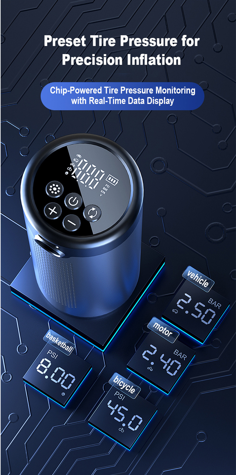 150PSI 5200Mah Electric Car Air Pump Automatic Tire Inflator And Gas ...