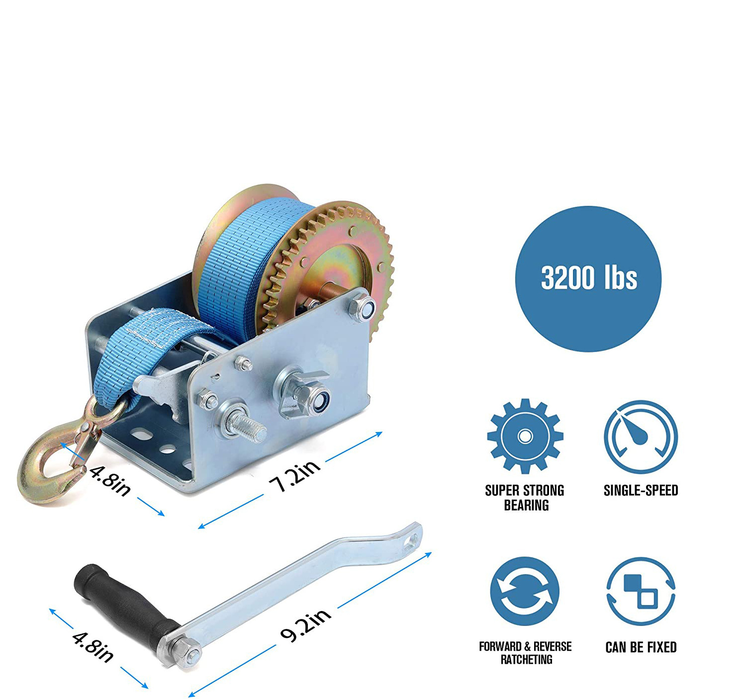 XINQI 3200lbs ATV Boat Winch Strap with Hook - Heavy Duty Hand Crank ...
