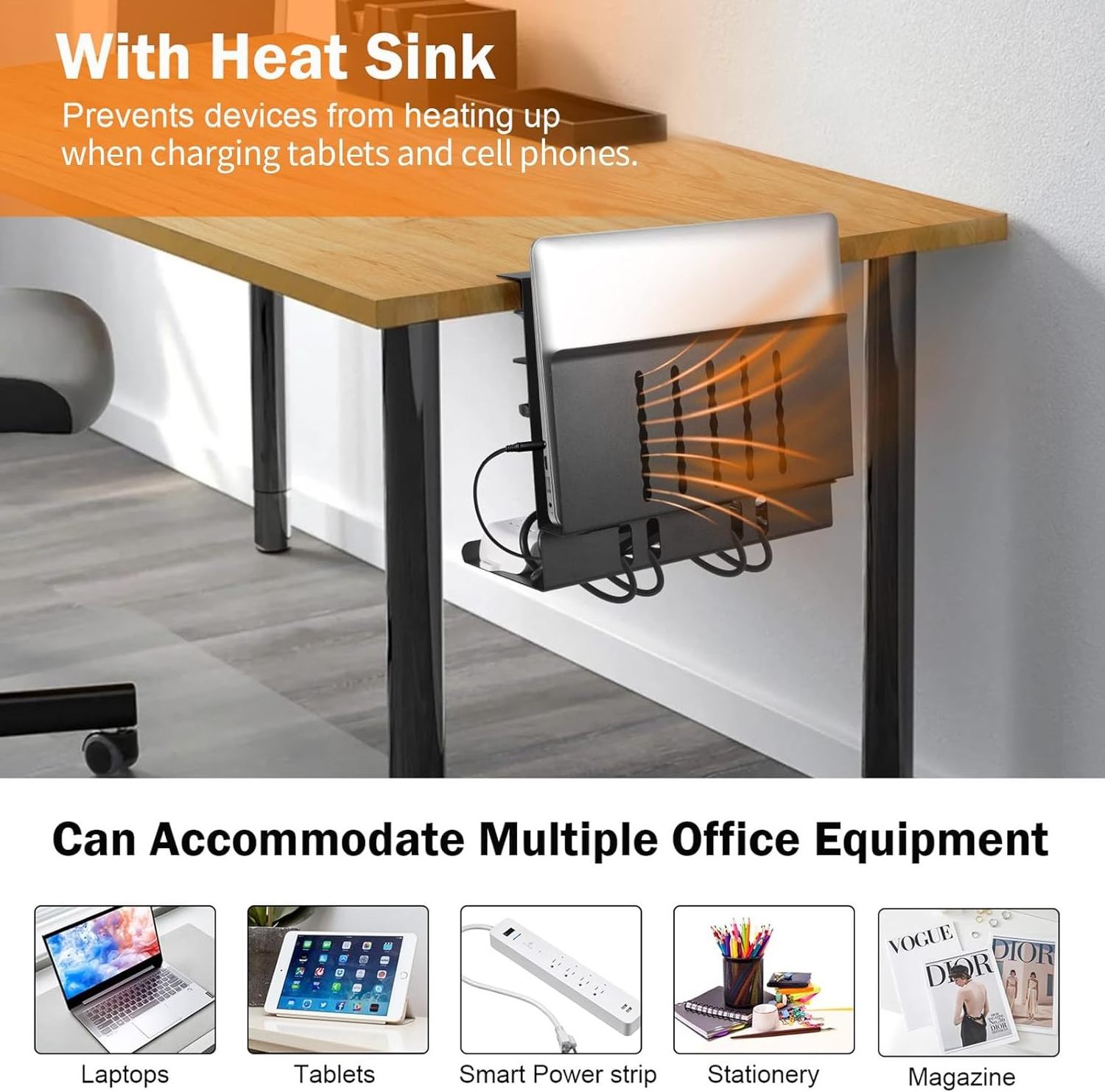 2 in1 Desk Side Storage with Cable Management Tray Clamp On Desk Laptop ...