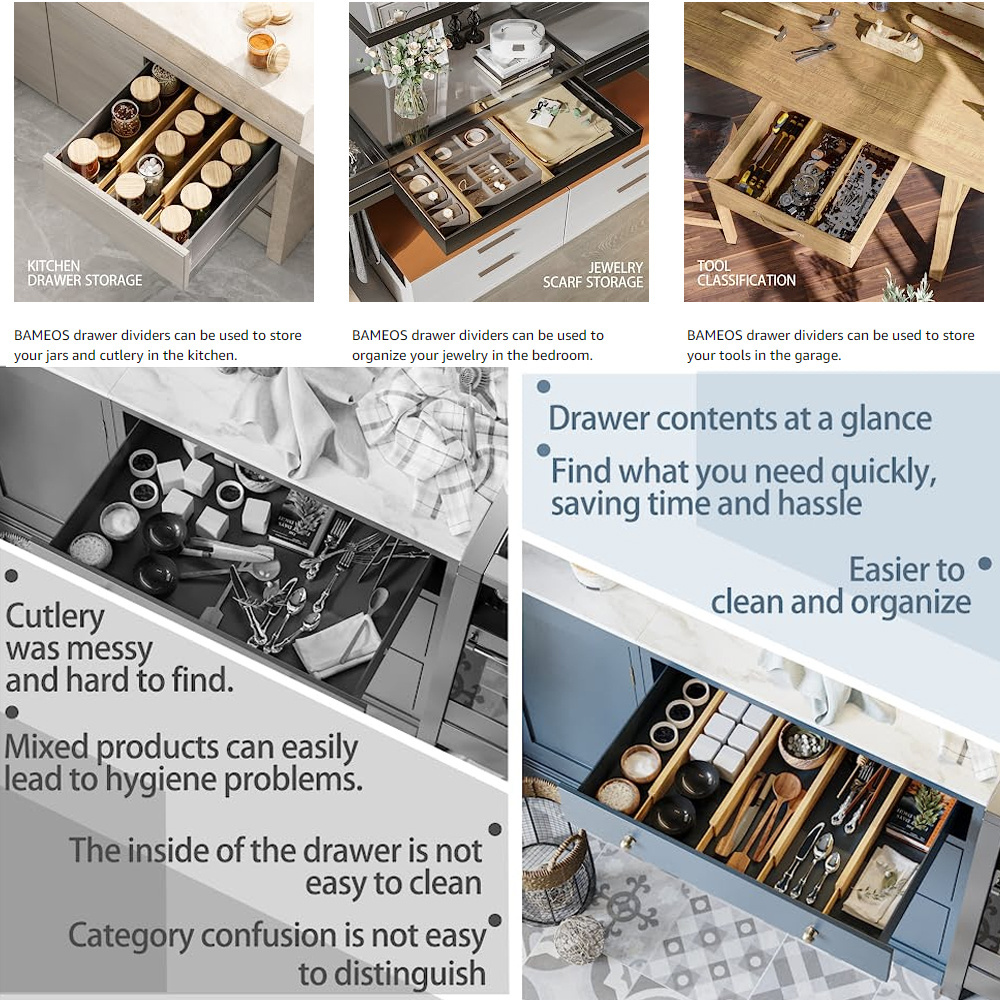 YCZM Drawer Dividers Bamboo Kitchen Organizers Set of 4 - Spring Loaded ...