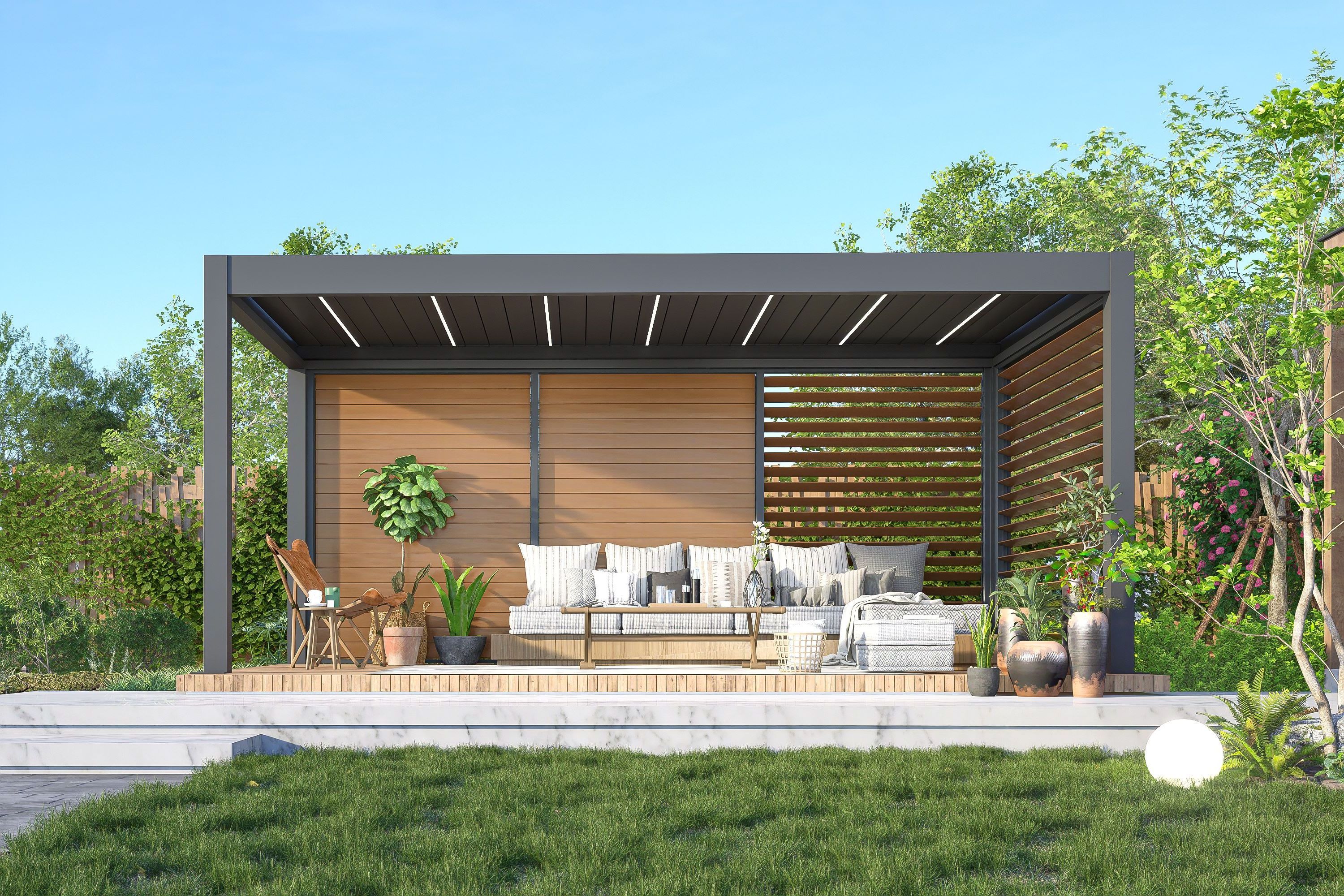 Bi-oclimatic opening roof pergolas a lames orientables rainproof ...