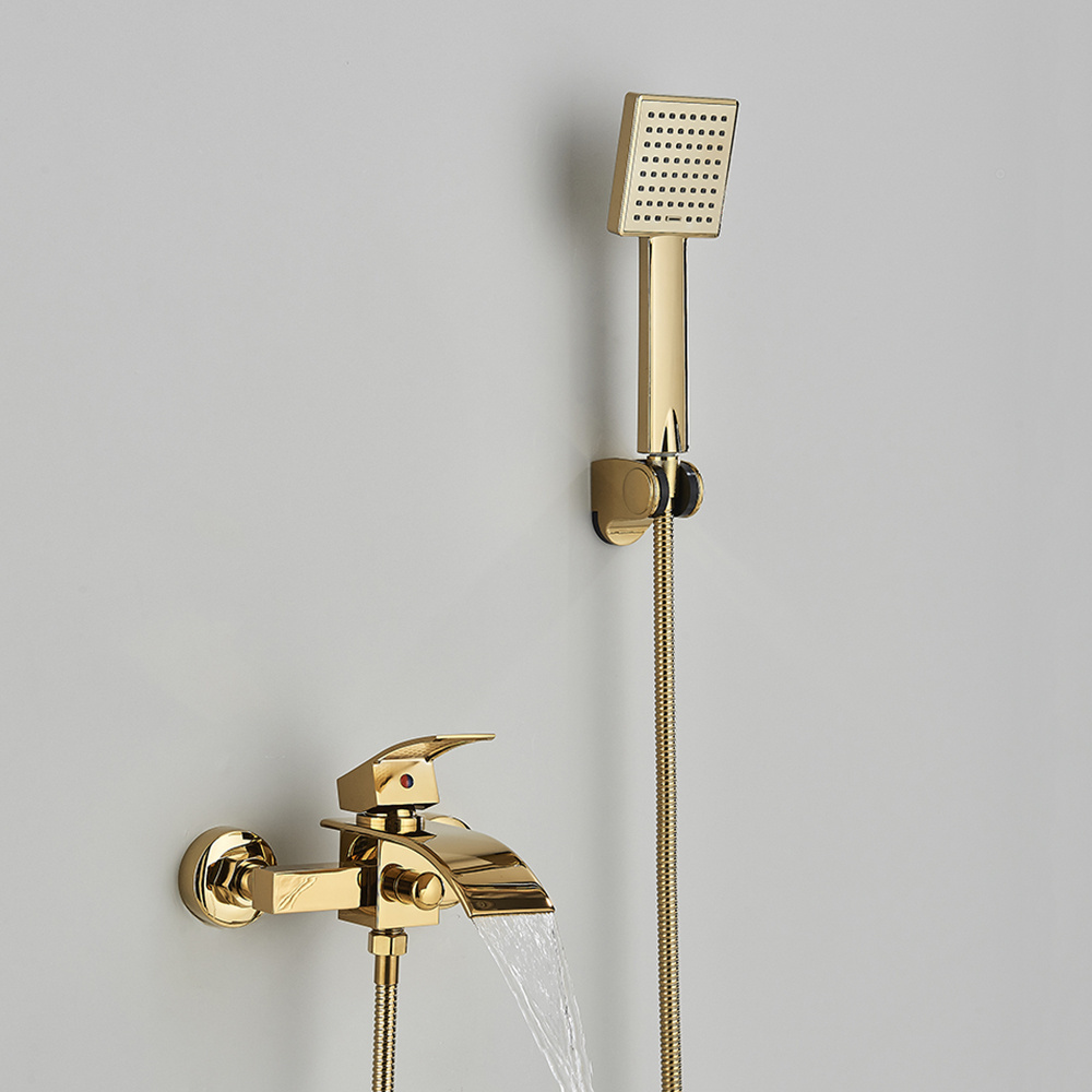 Golden Bathroom Shower Faucet Set Waterfall Bathtub Faucet Wall Mount Hot Cold Mixer Crane ...