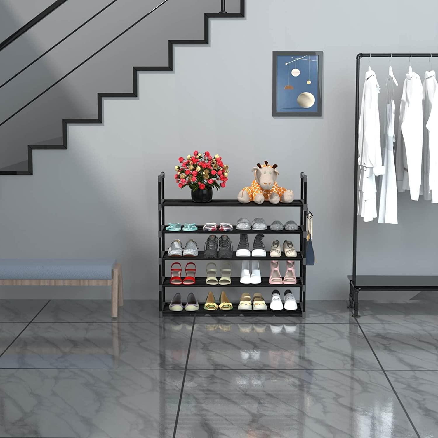 5 Tiers Black Adjustable Entryway Metal Shoe Rack Shoe Shelf Storage ...