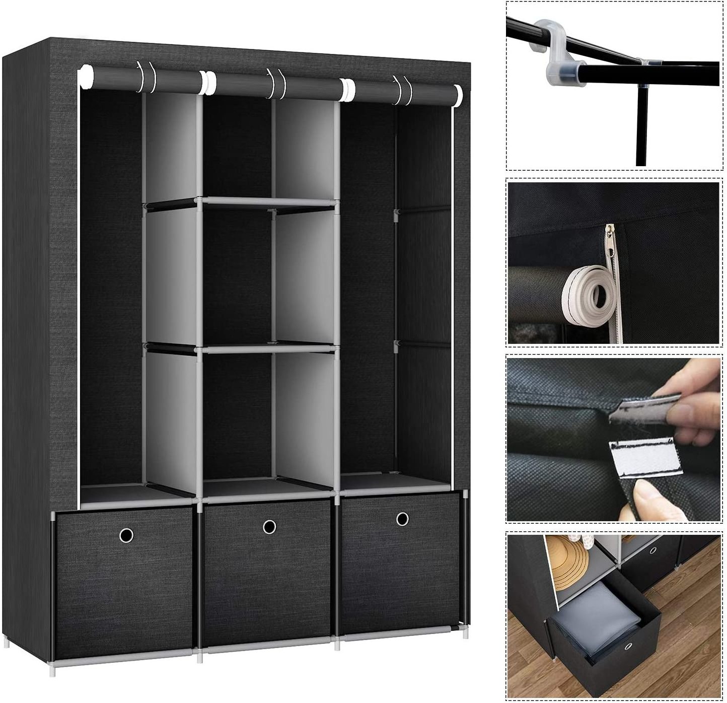 Fabric Wardrobe 3 Drawers Portable Clothes Closet Storage Organizer ...