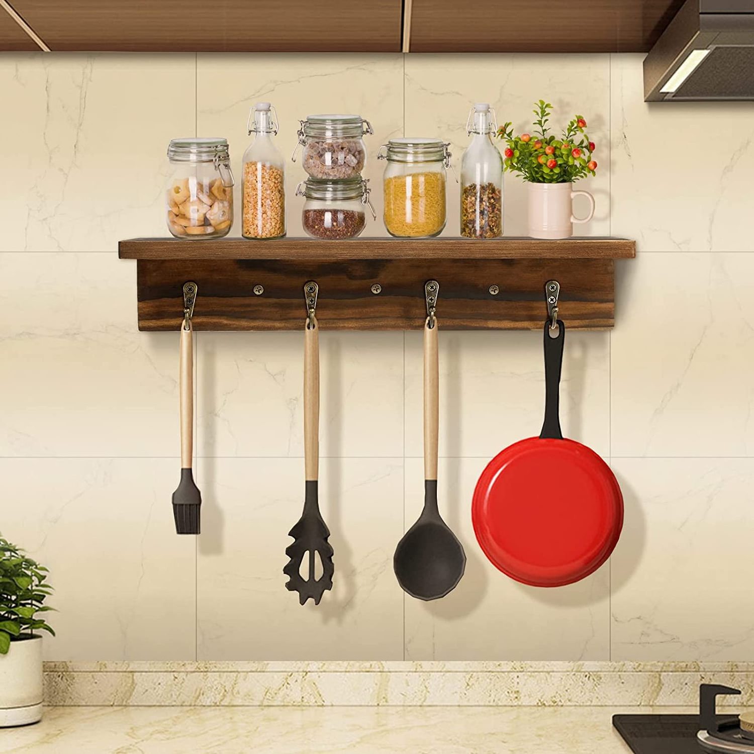 Wood Coat Rack Wall Mount with Shelf with 4 Vintage Metal Hooks and ...