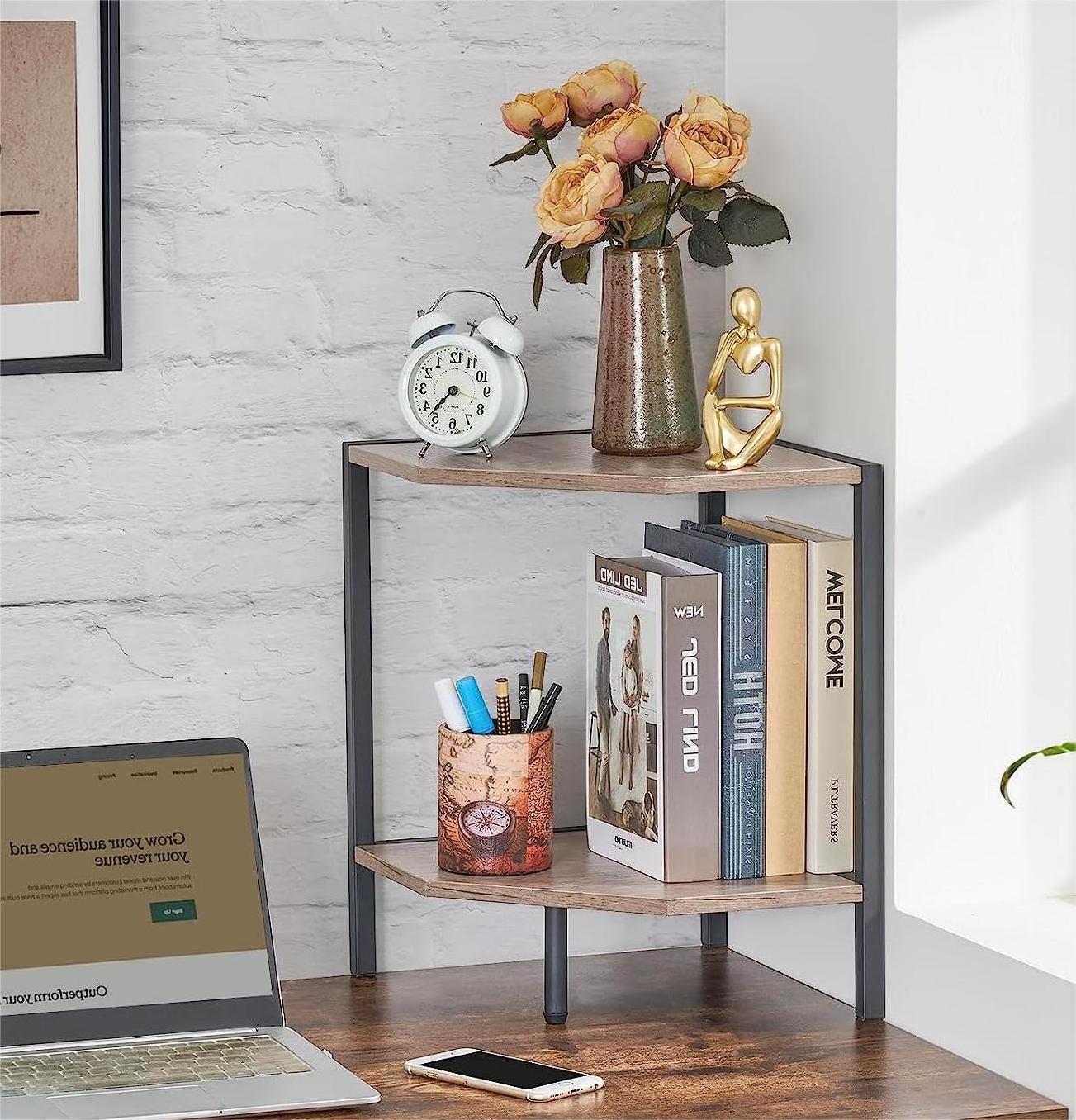 2 Tier Corner Shelf Stand, Industrial Corner Display Rack for Living ...